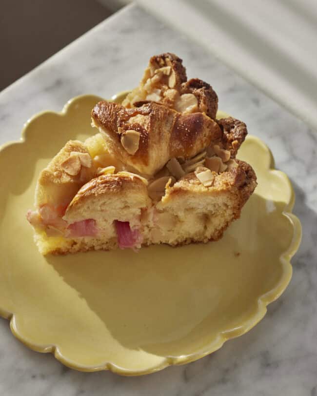 Rhubarb Almond Croissant Cake - Izy Hossack - Top With Cinnamon
